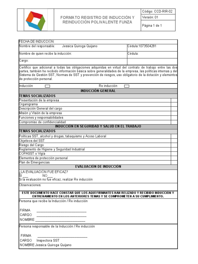 Formato Induccion y Reinduccion | PDF | Negocios