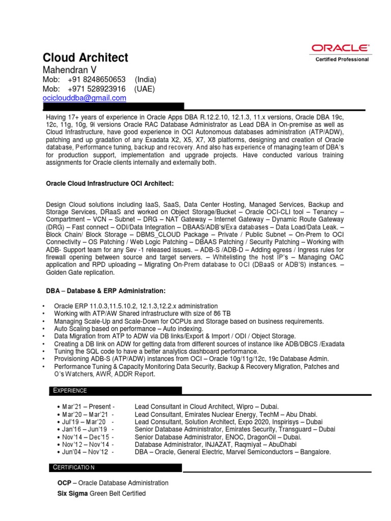 Oracle Apps DBA / Oracle Cloud Infrastructure Admin Resume | PDF | Technology & Engineering