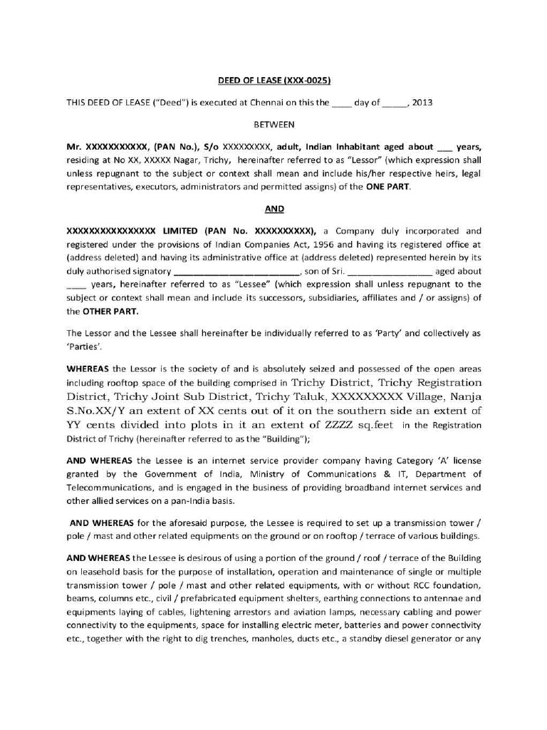 Rooftop Lease Agreement For Telecom Tower | PDF