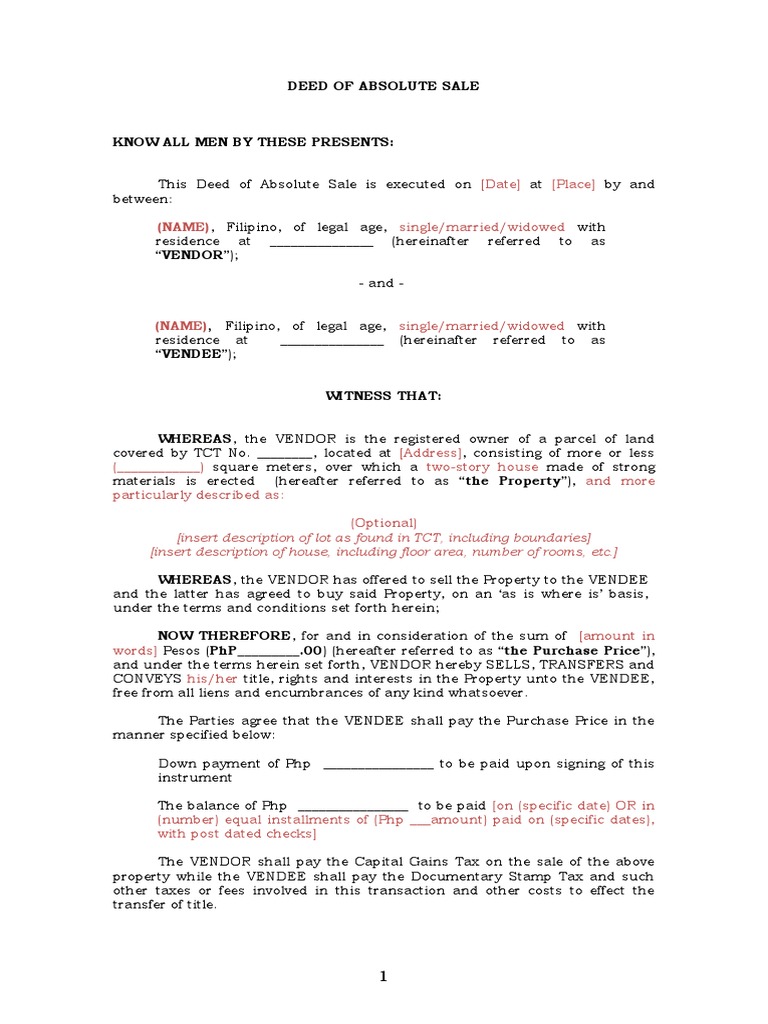 Deed of Absolute Sale Template | PDF | Taxes | Deed