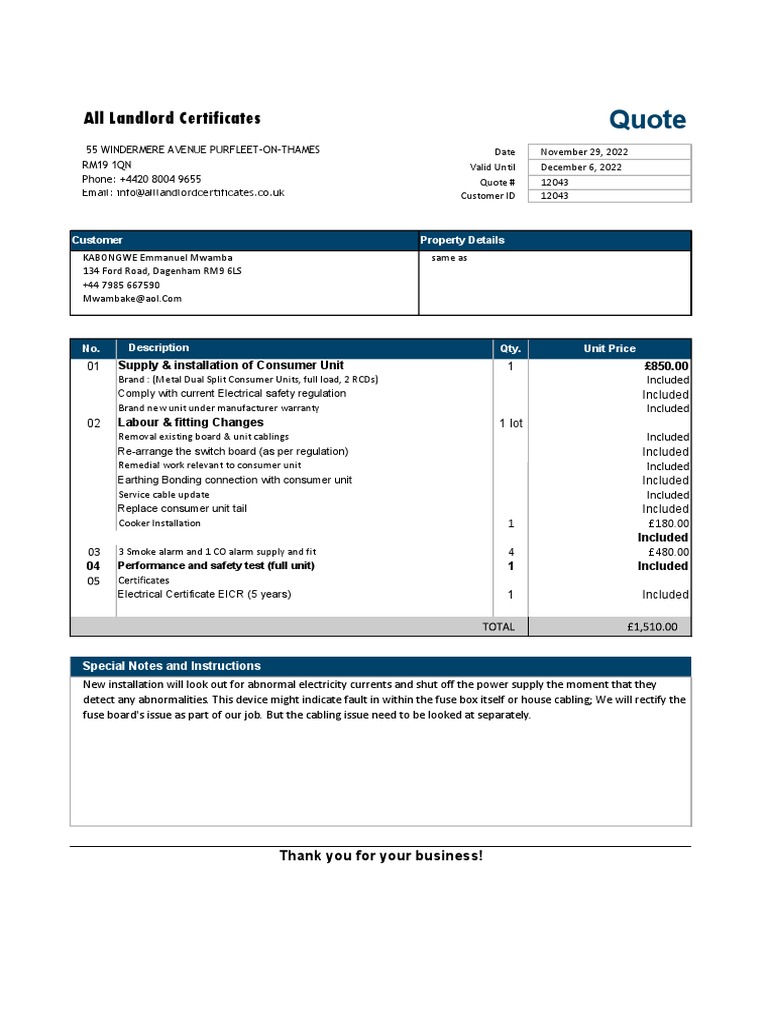 Quote | PDF | Equipment | Electrical Wiring
