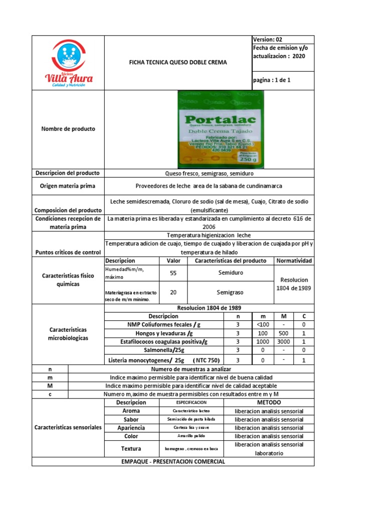 Ficha Tecnica Queso Doble Crema (23107) | PDF | Queso | Leche