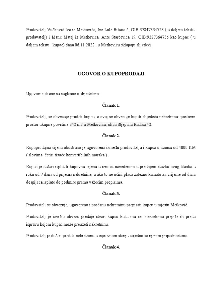 Zadatak 2 - Ugovor o Kupoprodaji | PDF