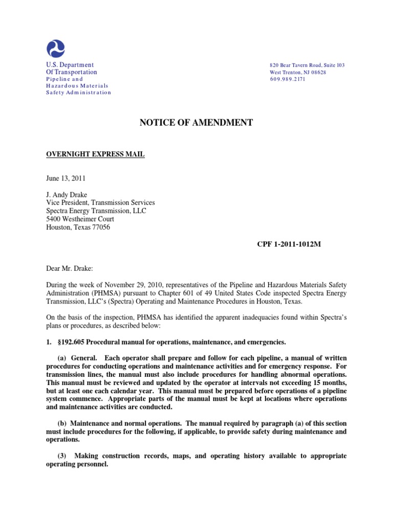 PHMSA Letter To Spectra | PDF | Emergency Management | Pipeline Transport