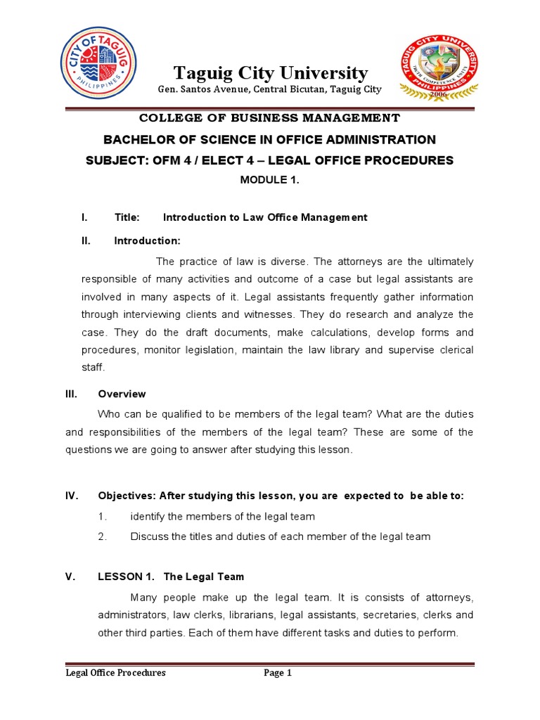 Elec 4 OFM4 Module 1. Legal Office Procedures | PDF | Marketing | Lawyer