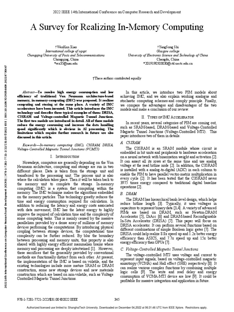 A Survey For Realizing In Memory Computing Pdf Dynamic Random Access Memory Computer Memory 