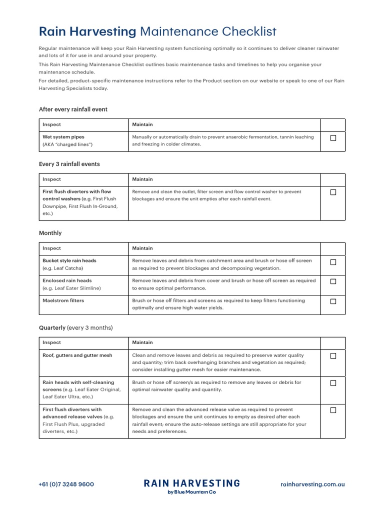 Rain Harvesting Maintenance Checklist | PDF | Filtration | Rain