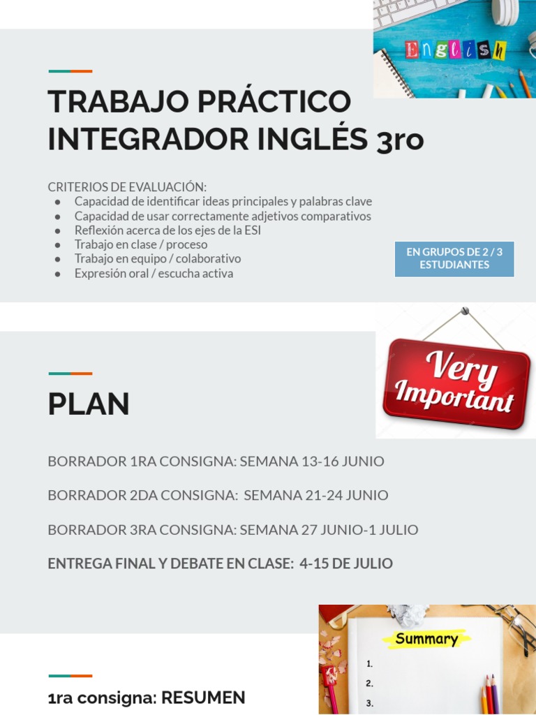 TRABAJO PRÁCTICO INTEGRADOR INGLÉS 3ro | PDF