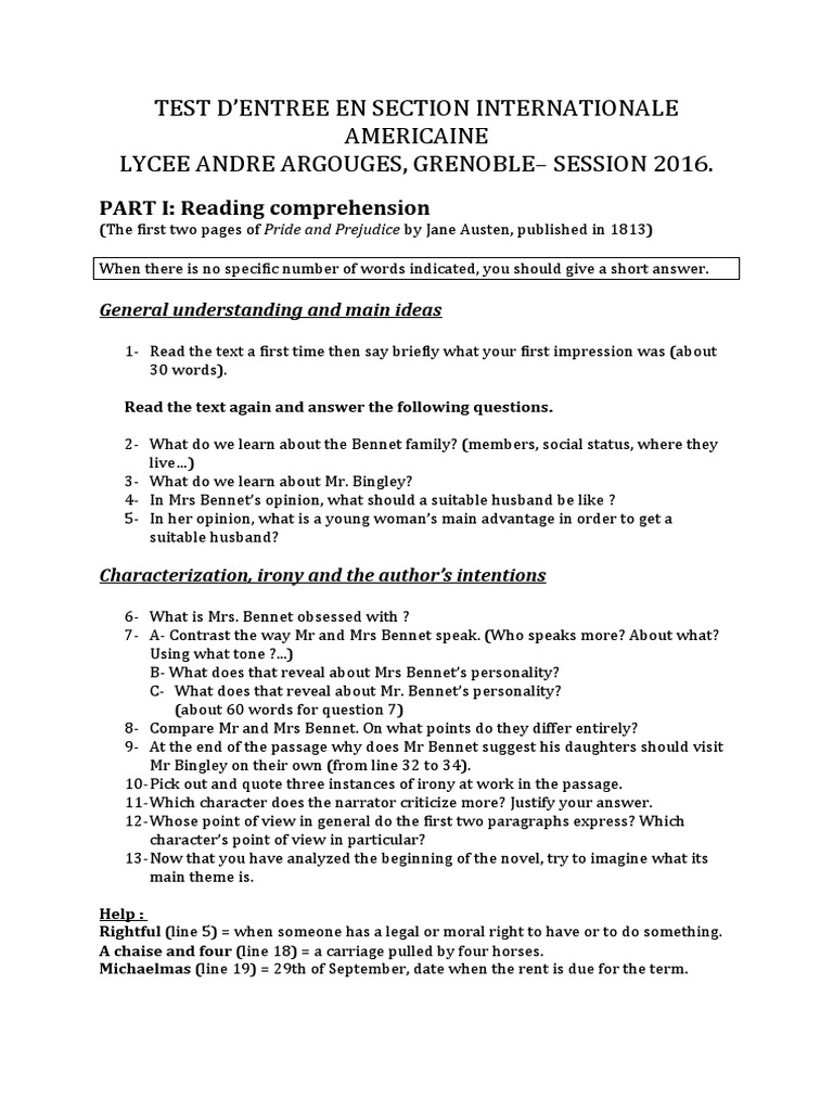 "Pride and Prejudice Reading Test" | PDF | Pride And Prejudice