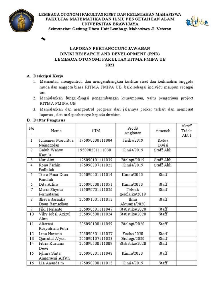 Laporan RND RITMA FMIPA UB 2021 | PDF