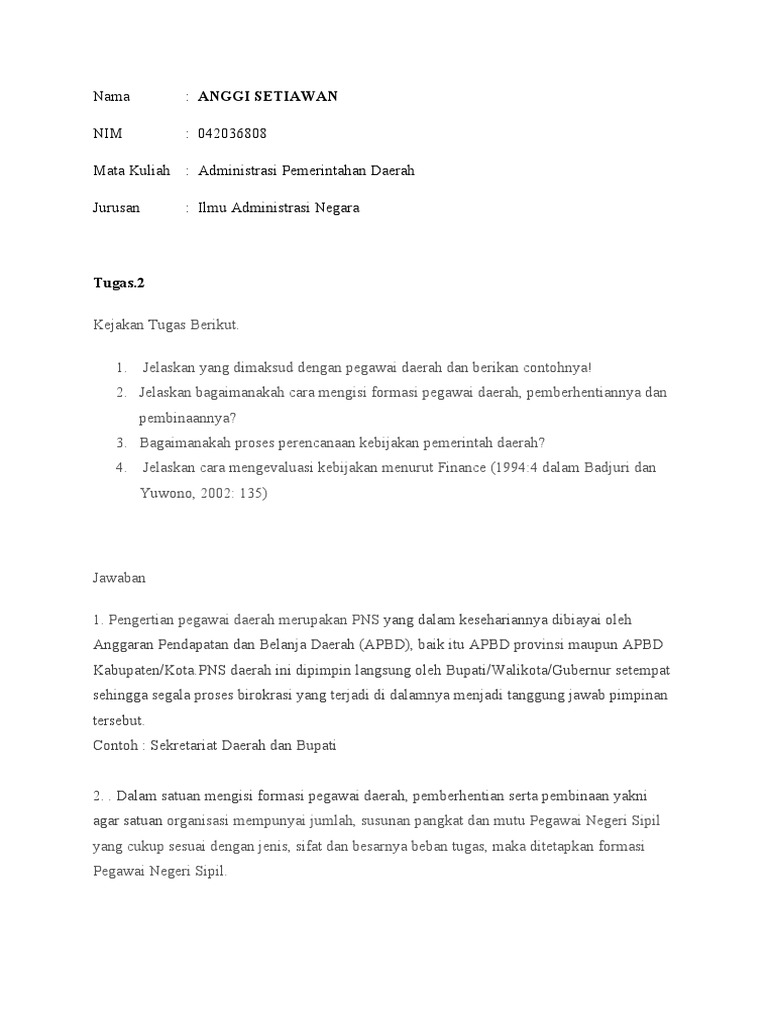 Tugas 2 Mata Kuliah Administrasi Pemerintahan Daerah | PDF