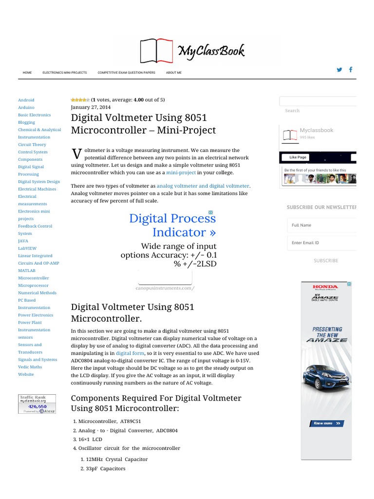 Digital Voltmeter Using 8051 Microcontroller - Mini-Project - MyClassBook | PDF | Analogue ...