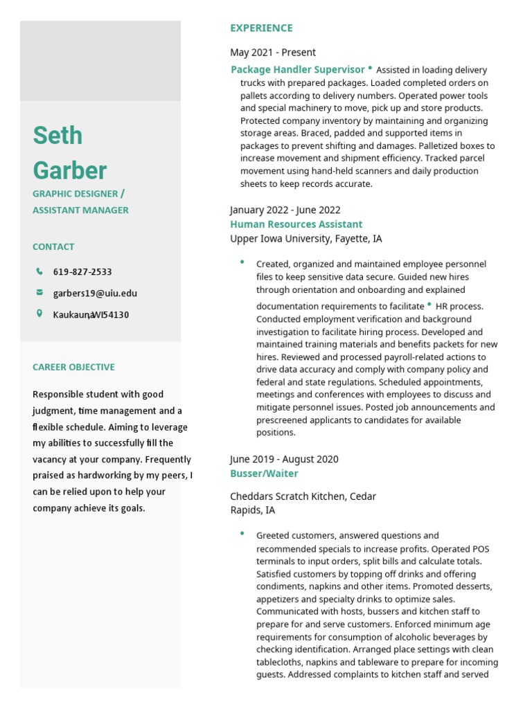 Seth Garber Resume 2 | PDF | Waiting Staff | Point Of Sale