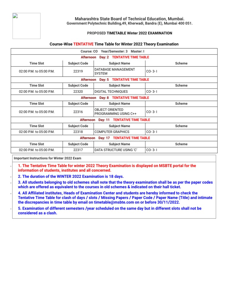 Time Table For Winter 2022 Theory Examination | PDF | Information Age ...