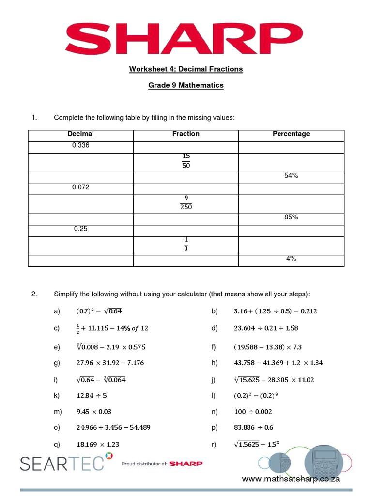 Grade 9 Decimal Fractions Worksheet | PDF | Mathematics | Arithmetic