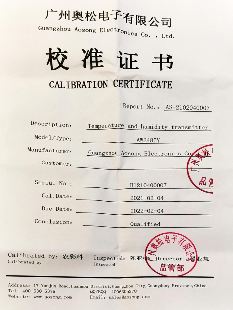 Calibration Certificate Asair Aw2485y | PDF