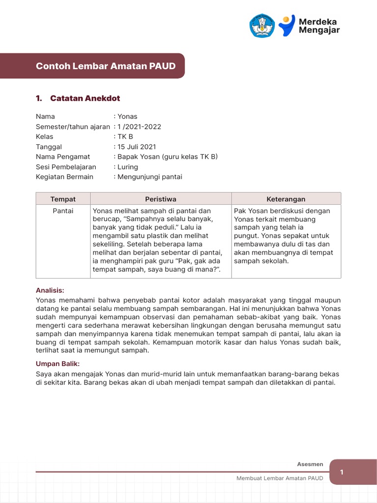 03 Contoh Lembar Amatan PAUD-1 | PDF