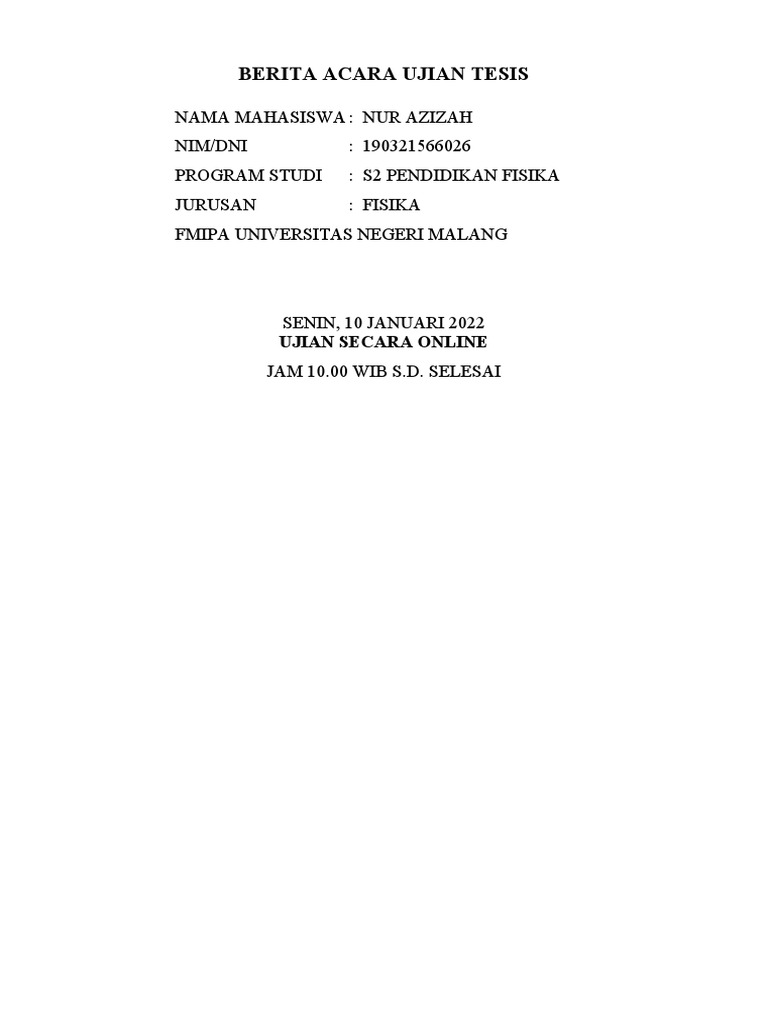 BERITA ACARA UJIAN TESIS A.N. Nur Azizah | PDF