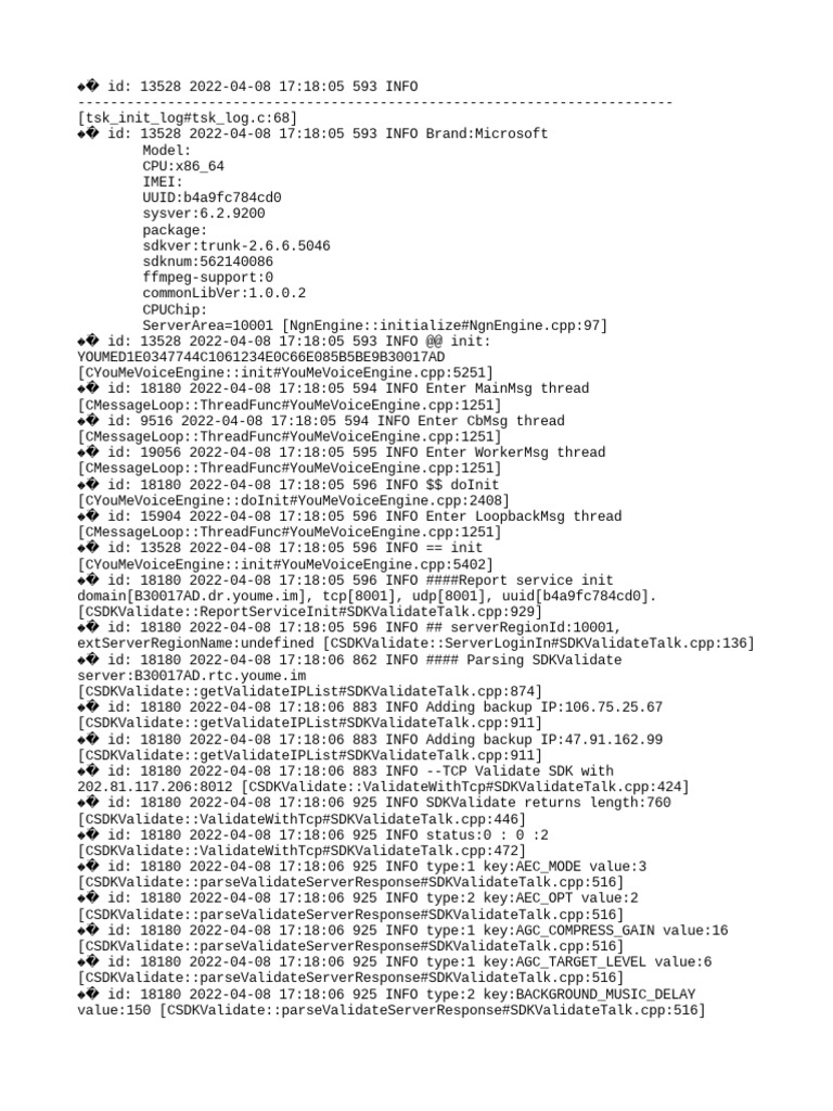 YouMe Voice Engine Initialization and Uninitialization Log | PDF | Software | Internet
