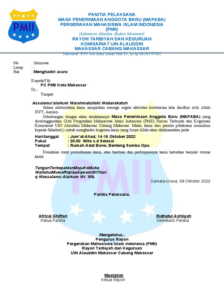 Undangan MAPABA PMII Makassar 2022 | PDF