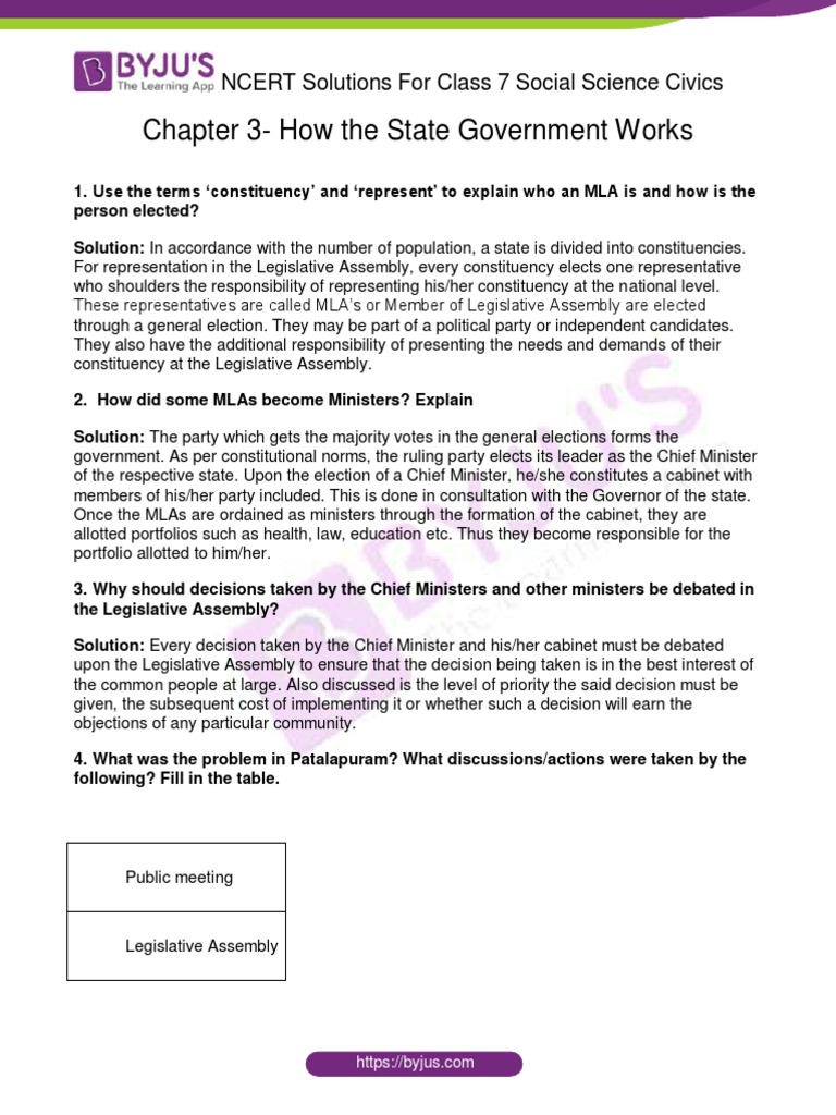 NCERT Solutions For Class 7 Social Science Civics Chapter 3 How The State Government Works | PDF ...