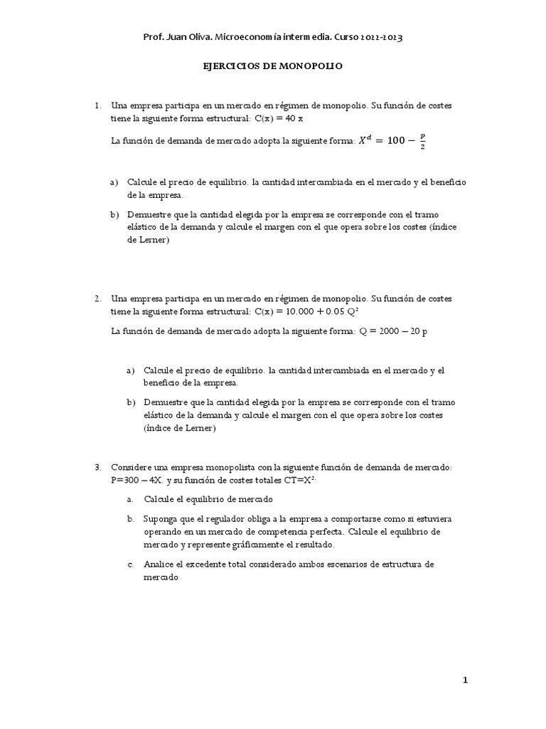 EJERCICIOS Tema 4 Micro Inter | PDF | Monopolio | Mercado (economía)