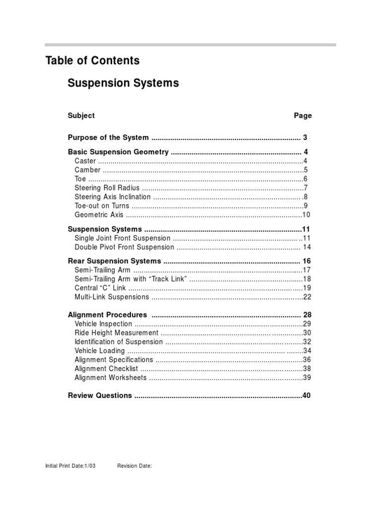 Table of Contents Suspension Systems | PDF | Steering | Automotive ...