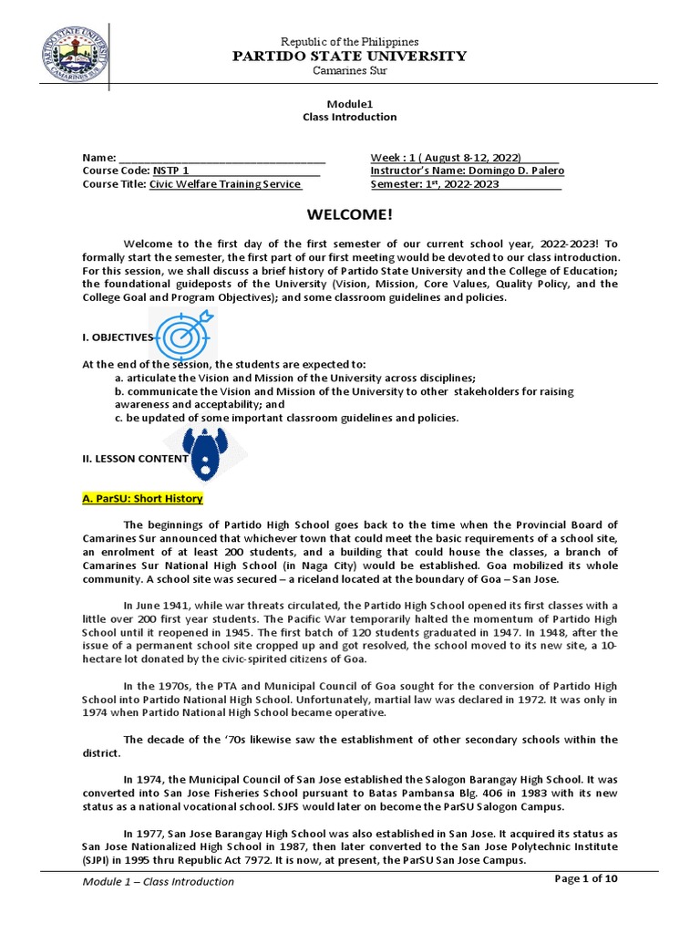 Module 1 - Class Intro (VMGO Module) Mhon 2022-2023 | PDF