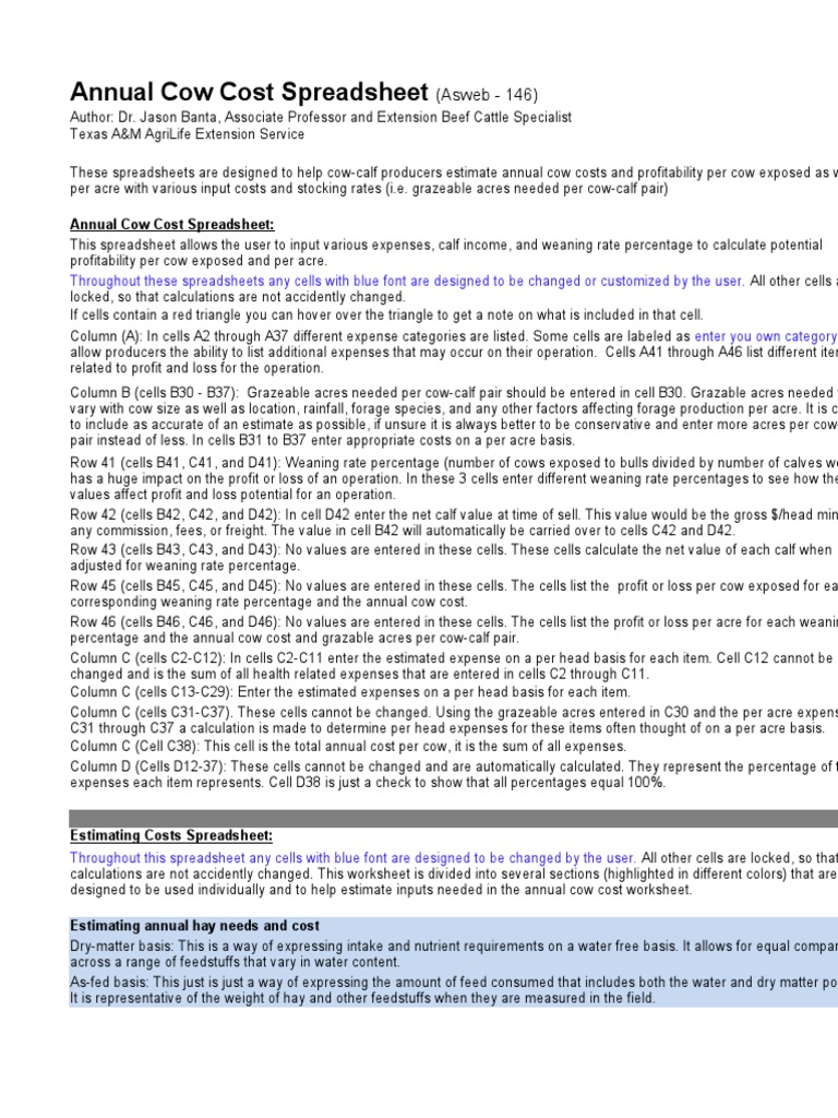 Cattle Annual Cow Cost Spreadsheet | PDF | Hay | Cattle