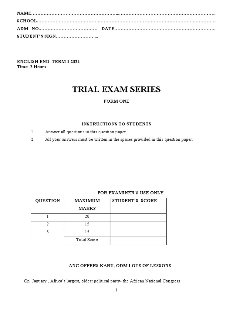 English Form 1 End Term 1 Exam 2021 Teacher - Co .Ke | PDF