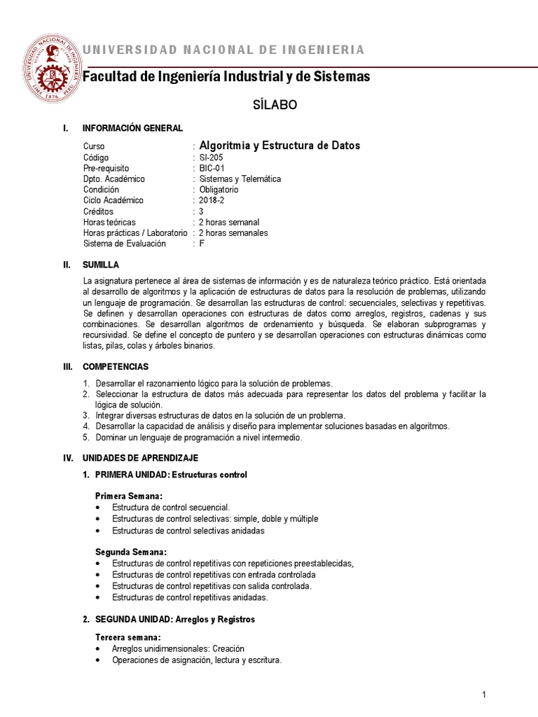 Silabo-SI-205-Algoritmia y Estructura de Datos | PDF | Algoritmos | Puntero (Programación de ...