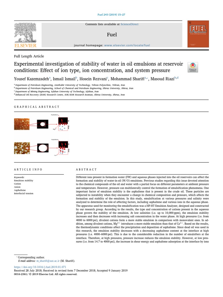 Experimental Investigation of Stability of Water in Oil Emulsions at ...