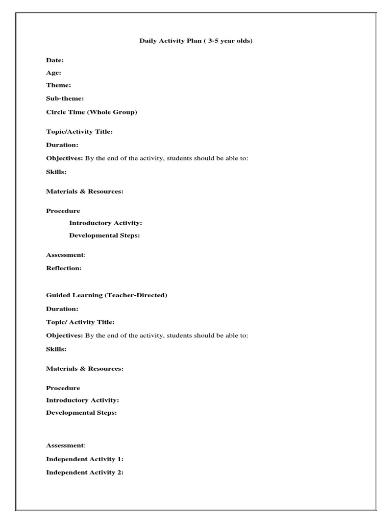 BLANK Daily Activity Plan Template 3-5 Years Old | PDF