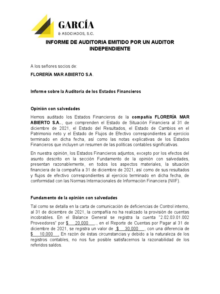 Informe de Auditoría con Salvedades | PDF | Auditoría | Estado financiero