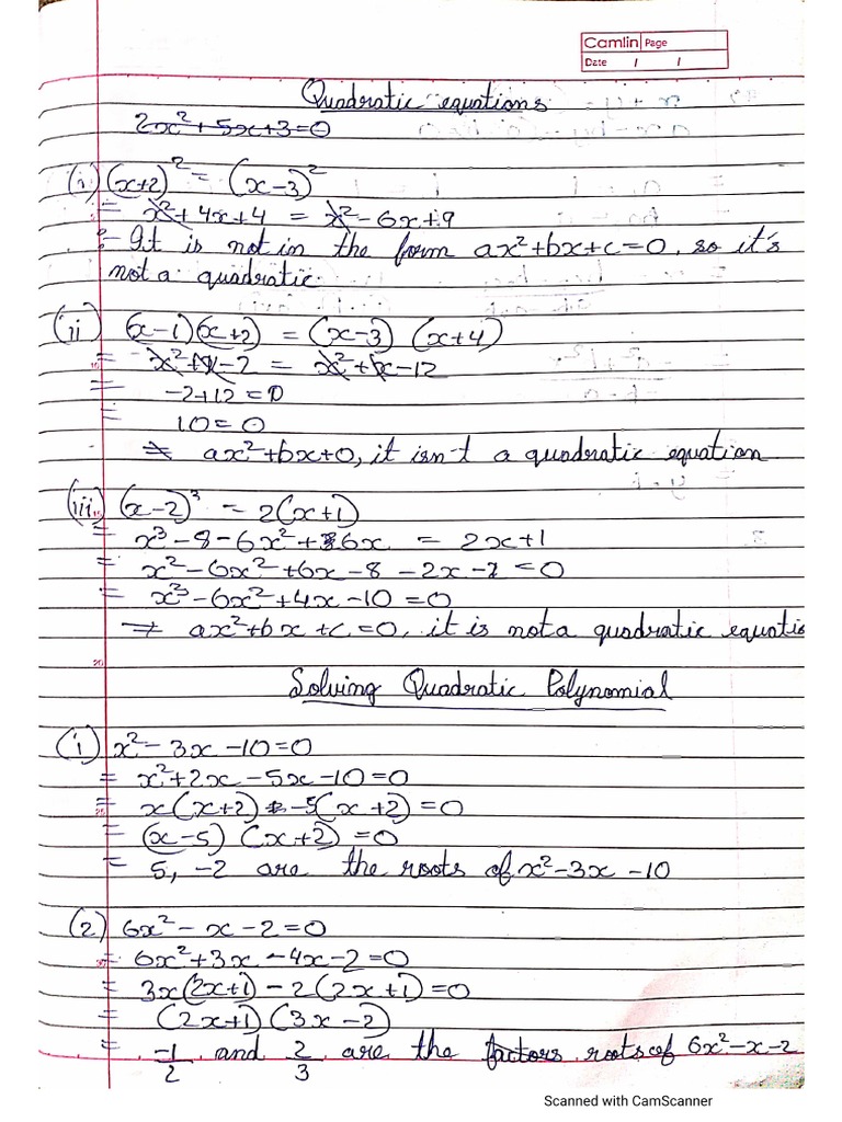 Quadratic Equations Notes Pdf