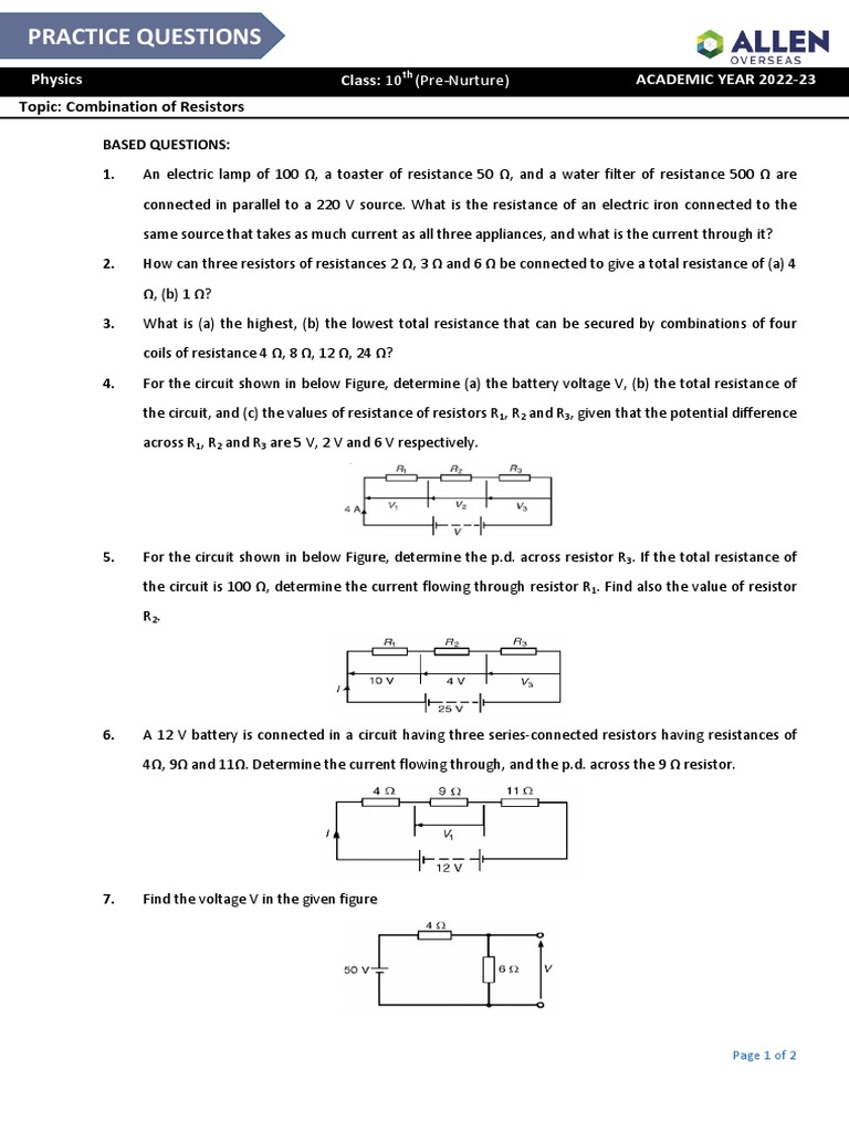 Practice Questions - Class-X - Physics | PDF | Resistor | Series And Parallel Circuits