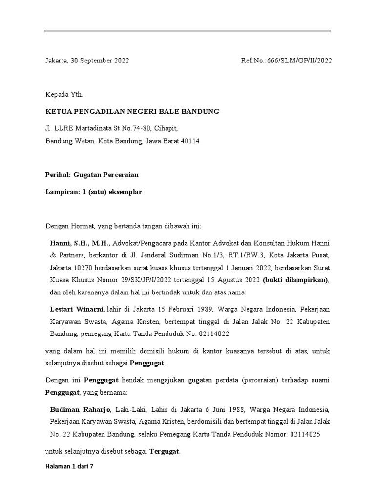 Contoh Surat Gugatan Cerai | PDF