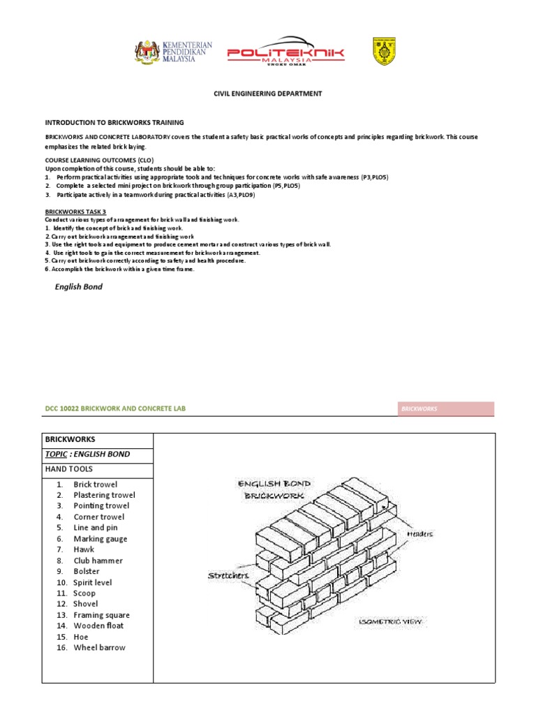 DCC10022 BRICKWORK LABSHEET Task 3 | PDF | Brick | Concrete