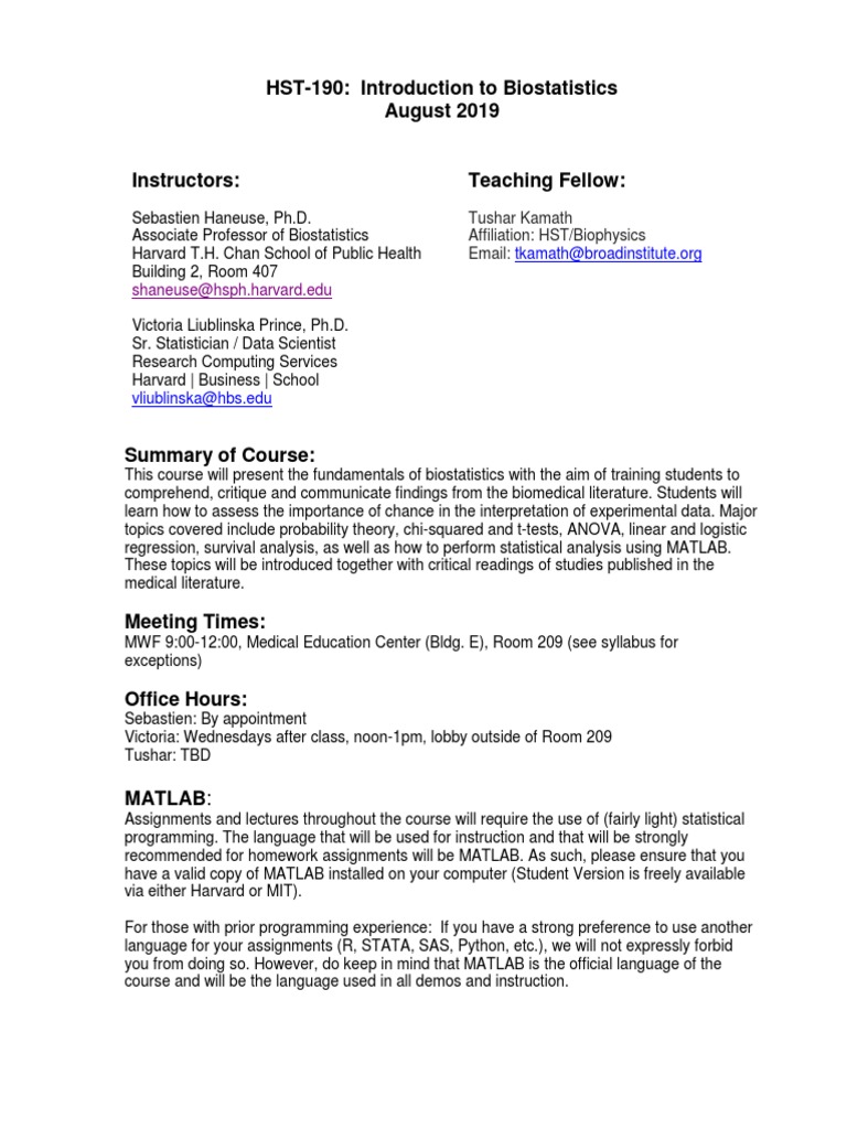 HST 190 Introduction To Biostatistics 2019 | PDF | Regression Analysis ...