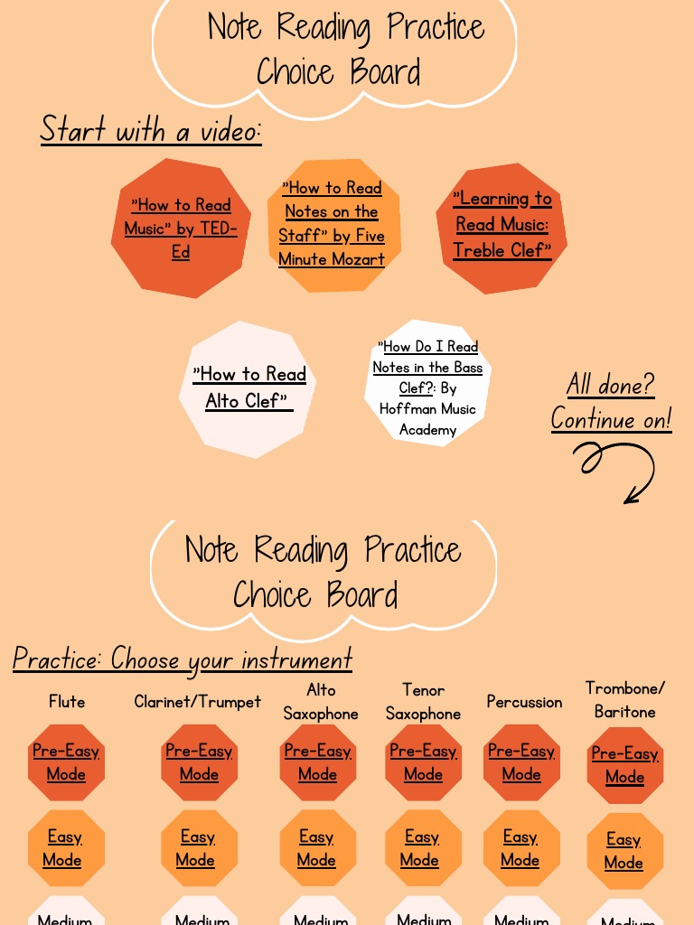 Note Reading Practice Choice Board | PDF | Clef | Musical Instruments