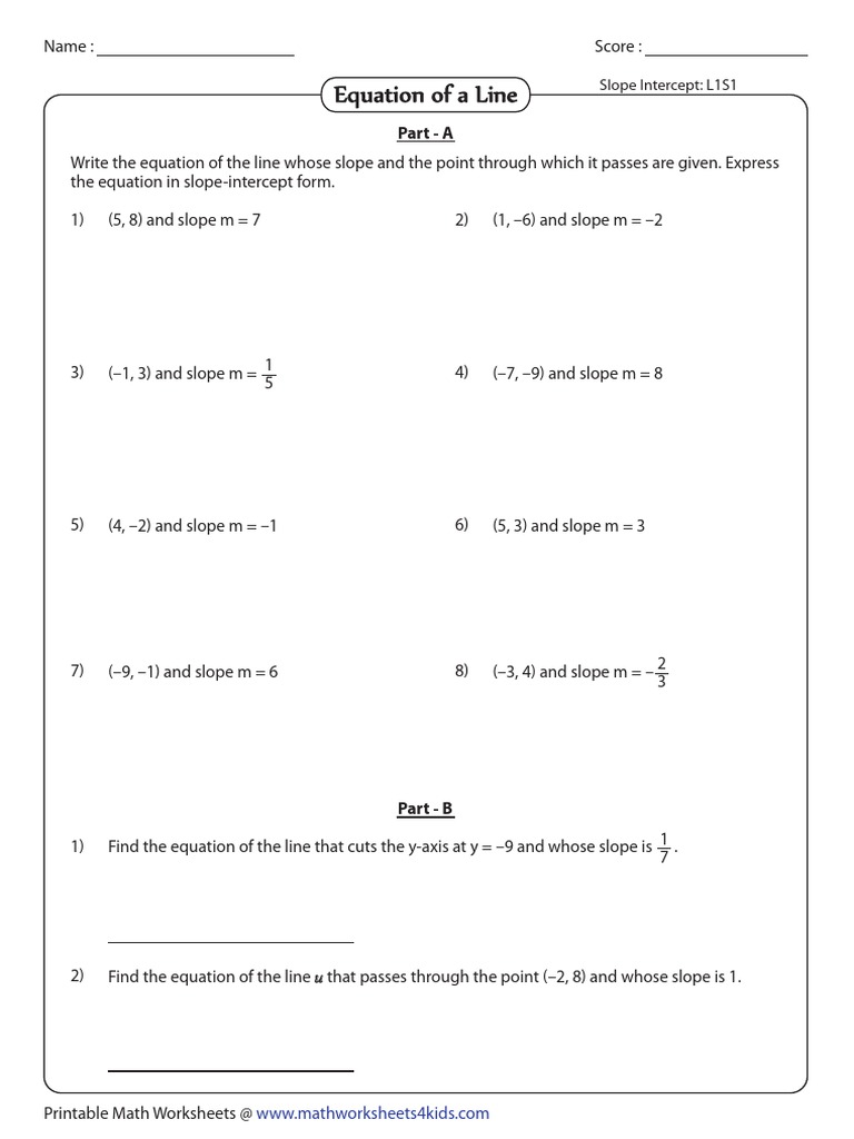 Equation of a Line Worksheet | PDF