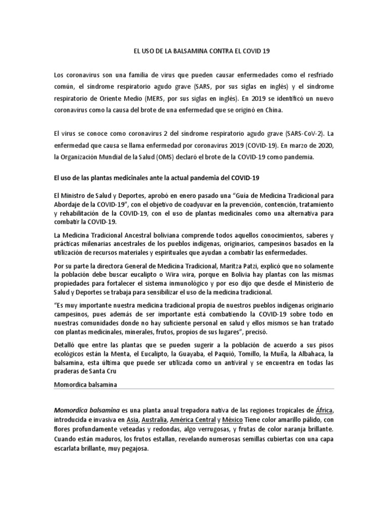 El Uso de La Balsamina Contra El Covid 19 | PDF | Especialidades ...