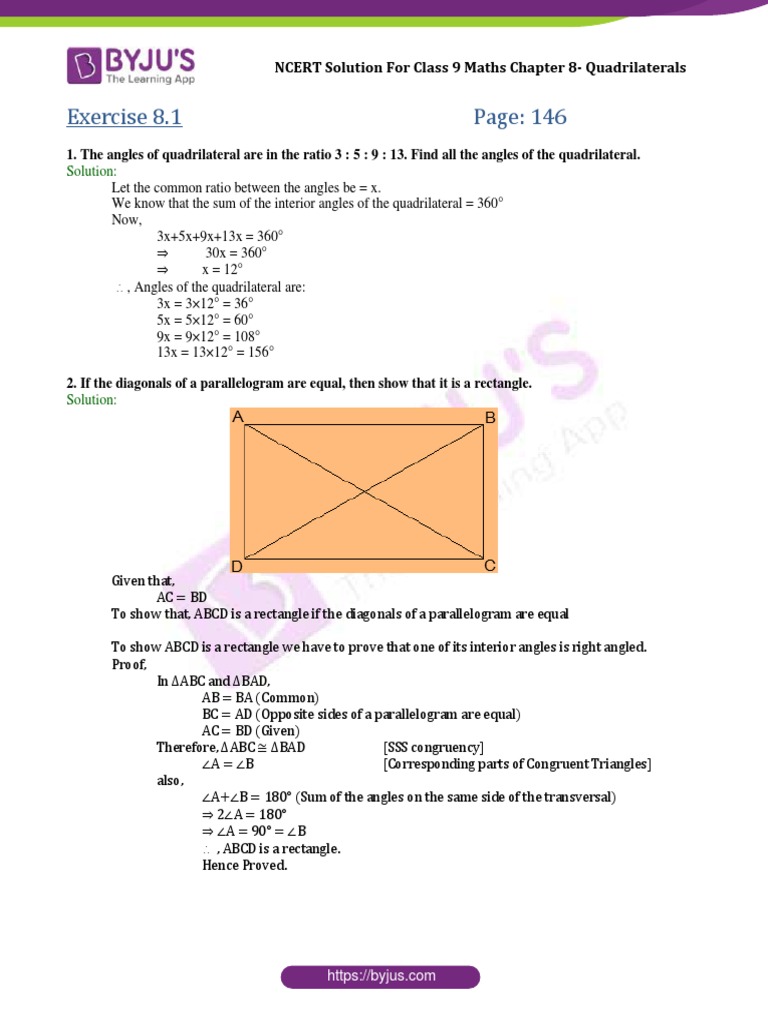 NCERT Solutions For Class 9 Maths Chapter 8 Quadrilaterals Exercise 8.1 | PDF | Rectangle ...
