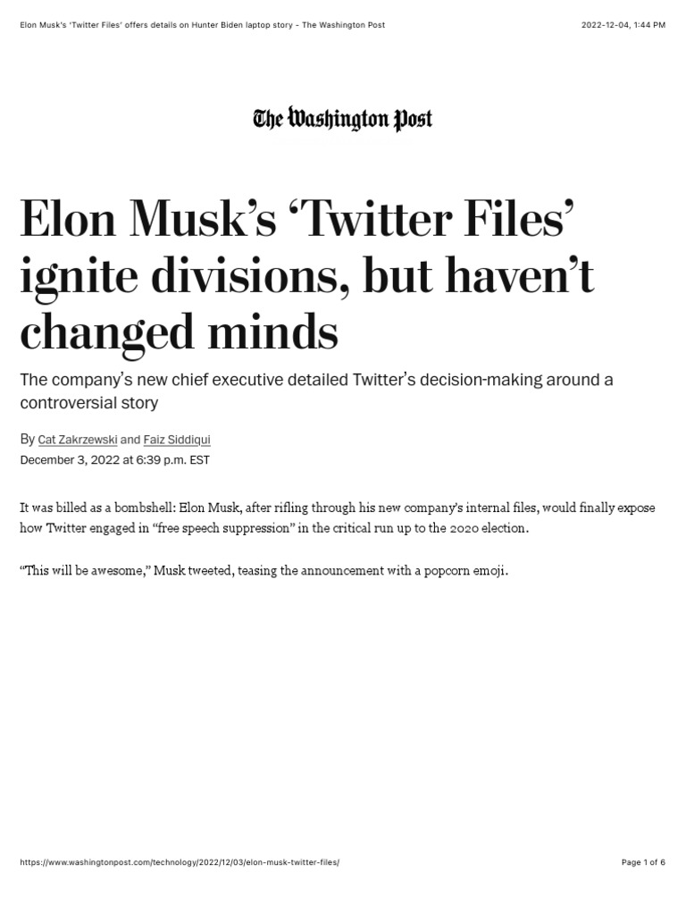 Elon Musk's Twitter Files' Offers Details On Hunter Biden Laptop Story ...