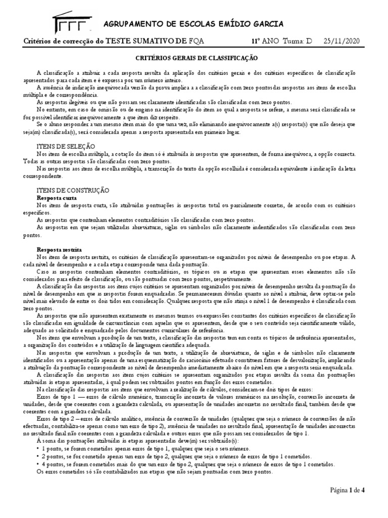 Critérios de correção do teste sumativo de FQA do 11o ano da turma D do ...
