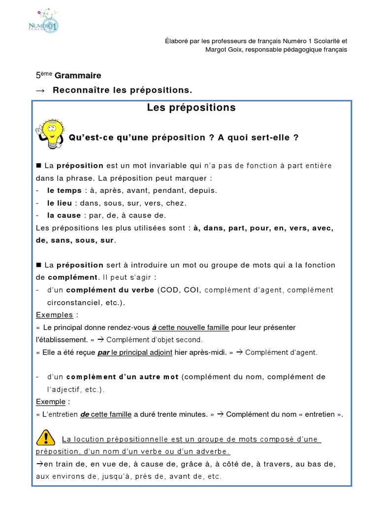 5ème Grammaire Les Prépositions Leçon Et Exercices | PDF