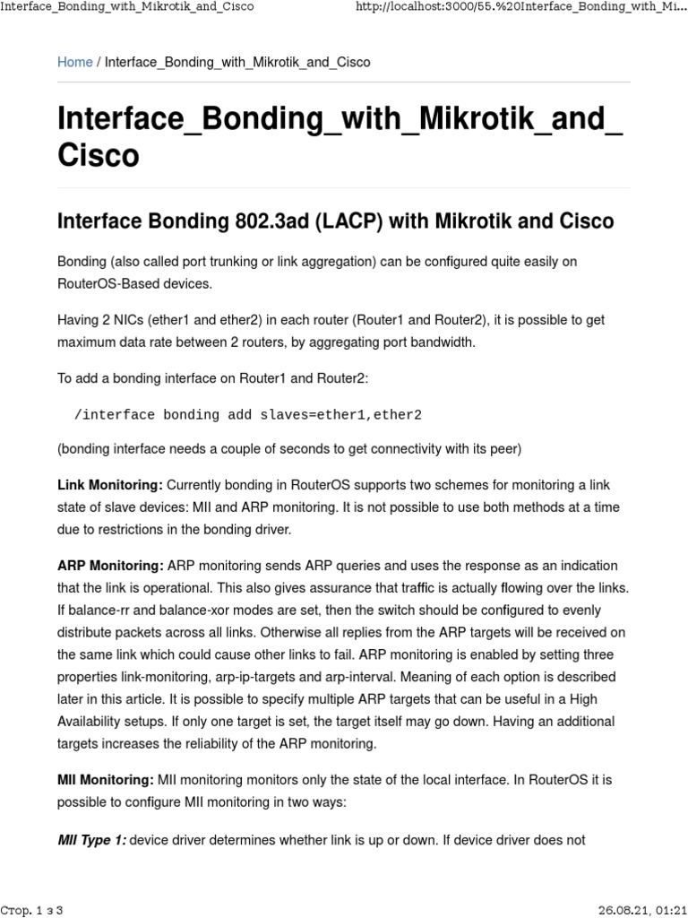 Interface Bonding With Mikrotik and Cisco | PDF | Router (Computing) | Network Architecture