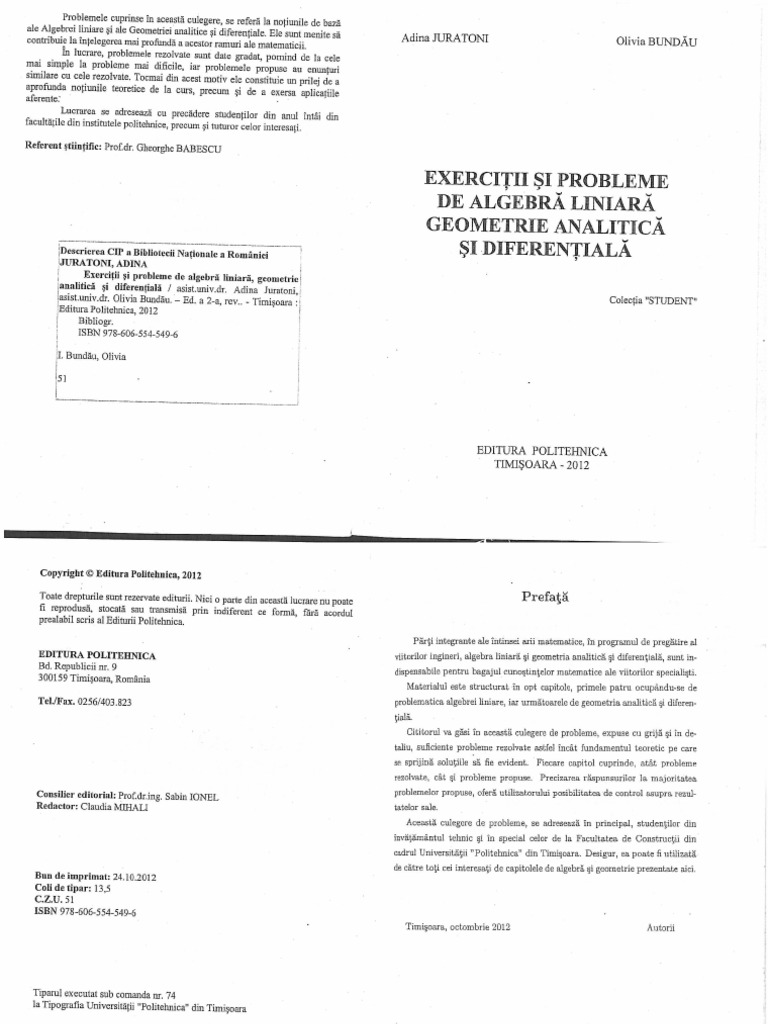 Exercitii Si Probleme de Algebra Liniara | PDF