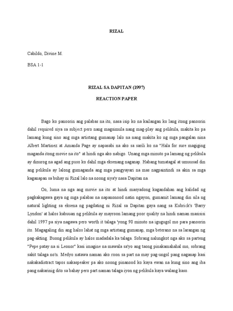 Rizal Sa Dapitan (1997) Reaction Paper | PDF