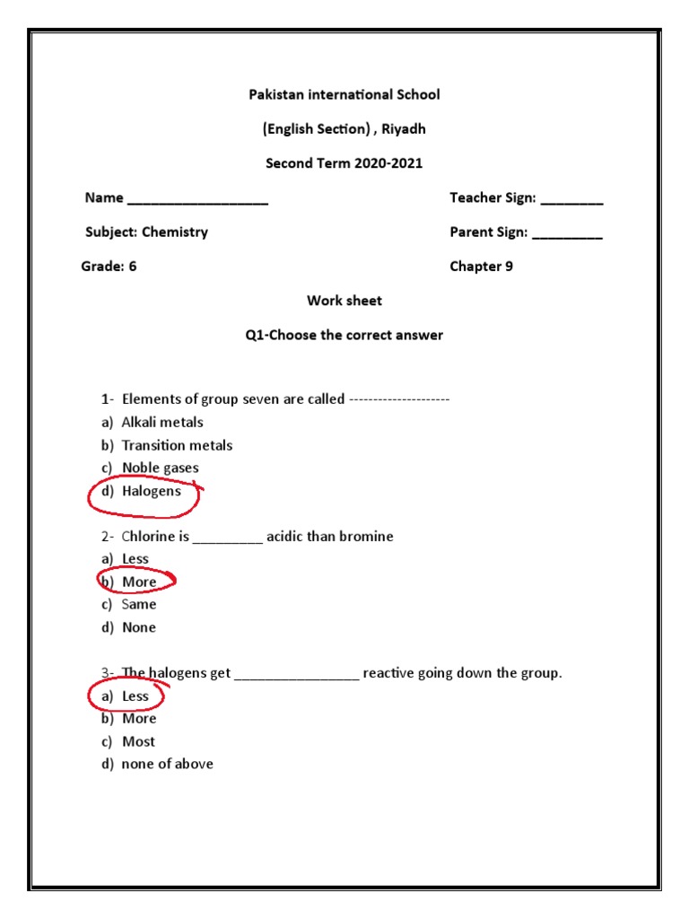 Halogen Worksheet Answer Key | PDF | Chlorine | Ion